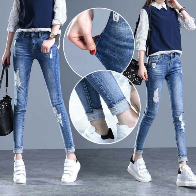 New Korean version of the tide hole jeans women's stretch slim skinny ...