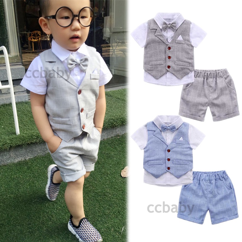 4pcs Kids Boy Gentleman Formal Suit Short Sleeve Plaid Vest Shirt ...