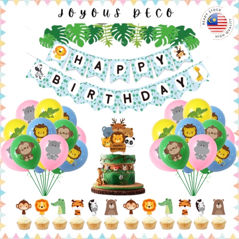 Zoo Animal Jungle Theme Set Birthday Party Banner Cake Toppers Balloon ...