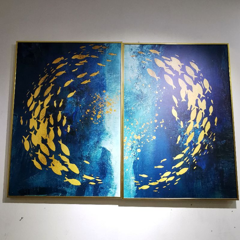 Gambar Hiasan Gambar Seni Art Frame Canvas Painting fish ikan Gold Emas ...