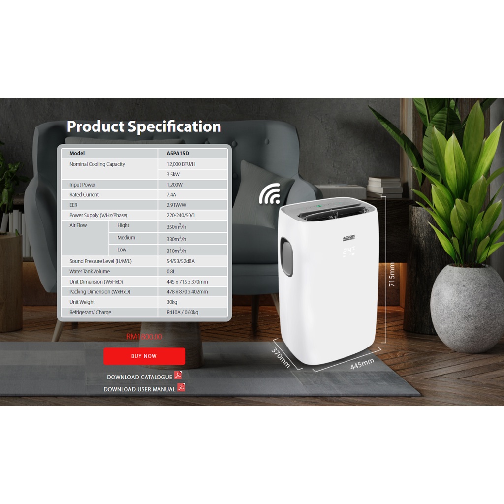 (WIFI) ACSON 1.5HP Portable Air Conditioner Moveo A5PA15E (WIFI) R410A ...