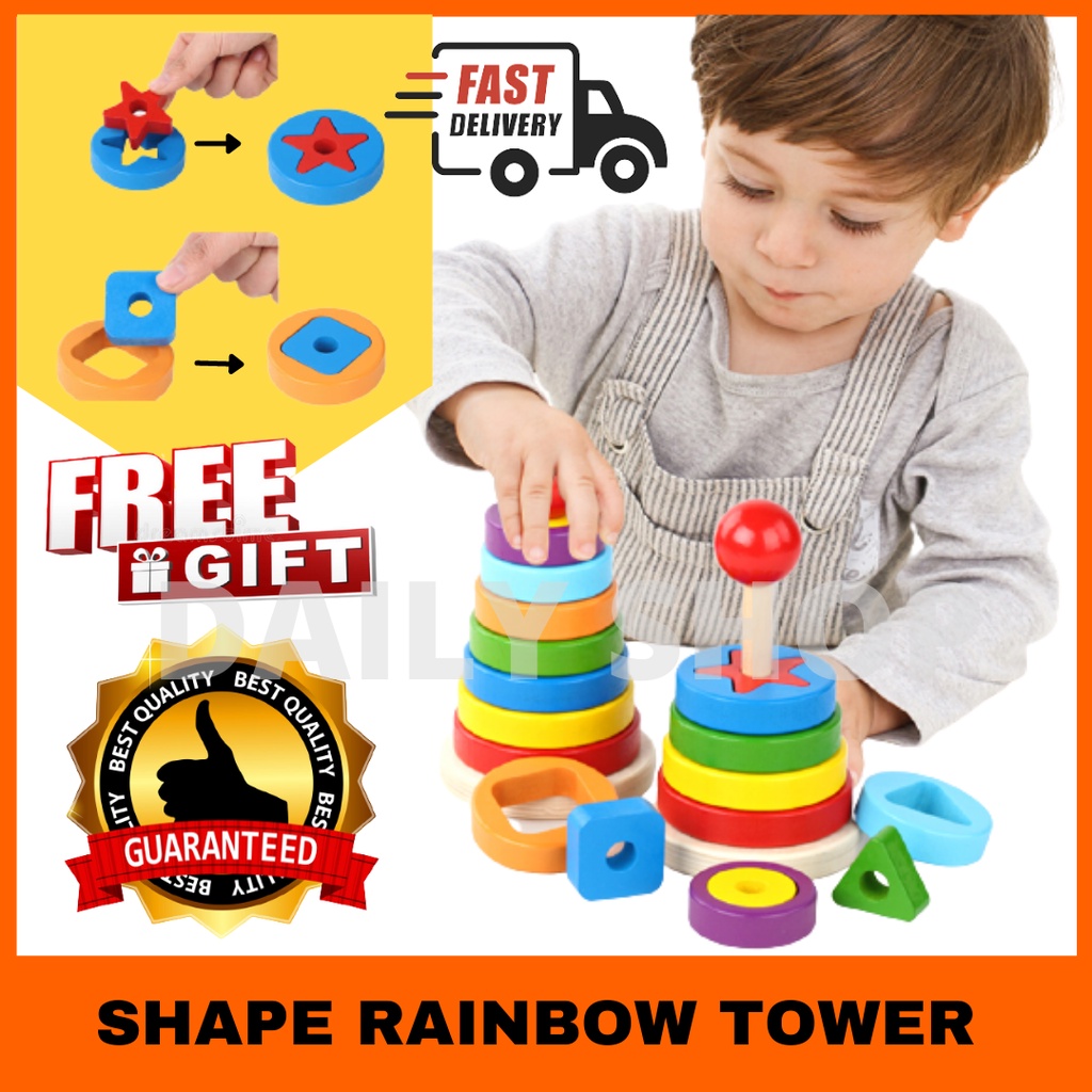 Wooden Rainbow Tower Sorting Stacking Rings Building Puzzles Toys ...