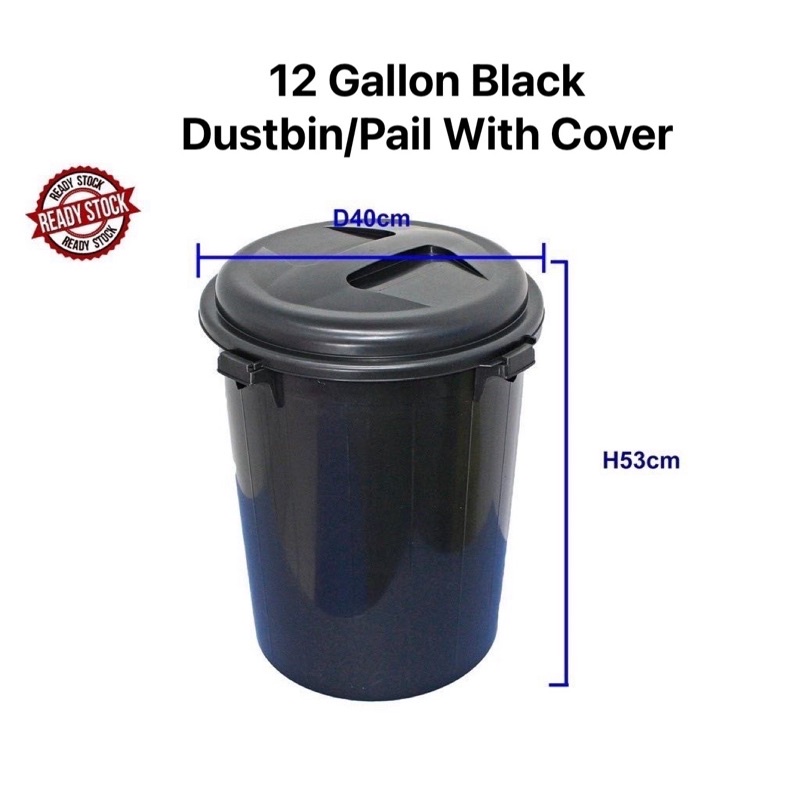 Eagle 12 Gallon Plastic Black Dustbin Trash Rubbish Garbage Bin Pail With Cover Tong Sampah ...