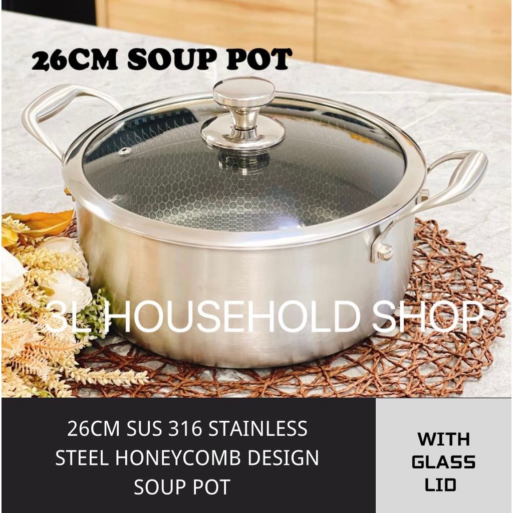 26CM SUS316 STAINLESS STEEL HONEYCOMB SOUP POT *WITH GLASS LID | Shopee ...
