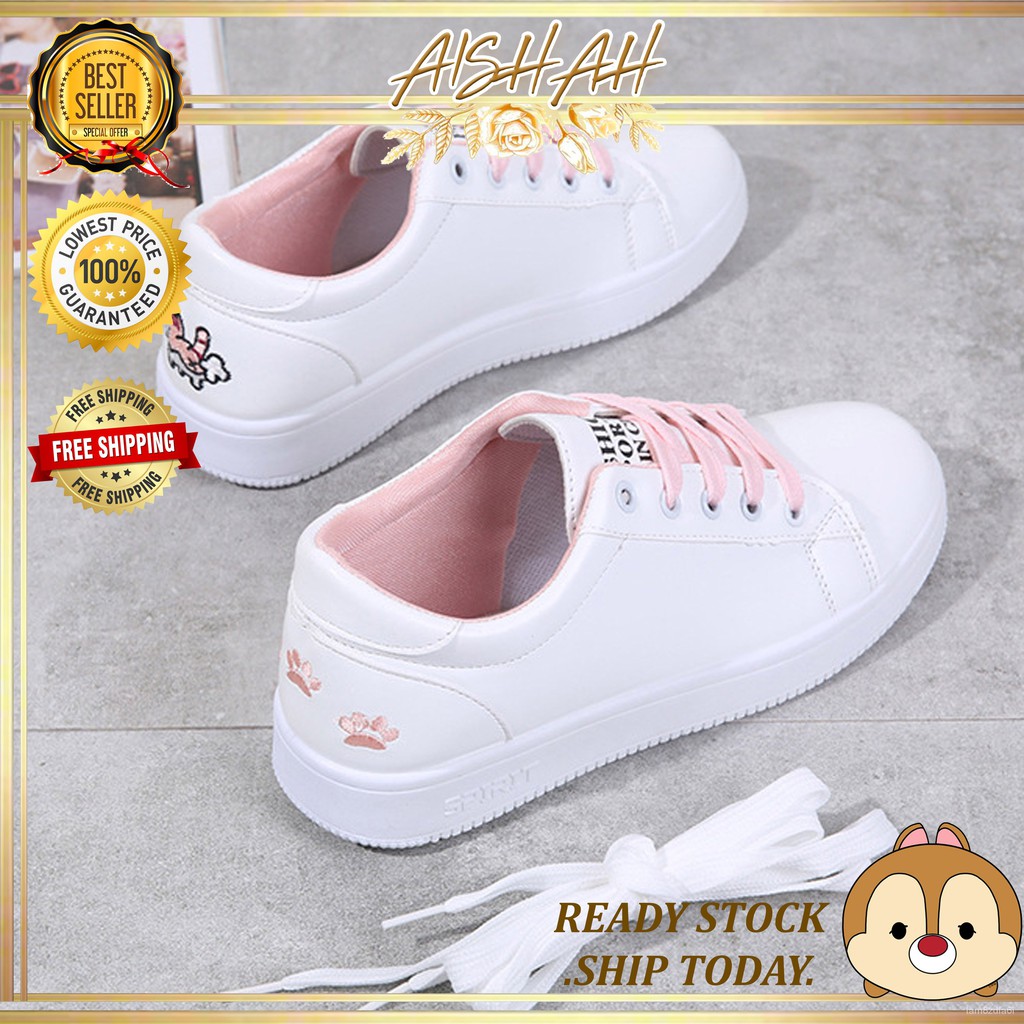 (Tempat）2 Colors Shoelace and Pattern White Pink Cat Women Sneaker Shoe ...