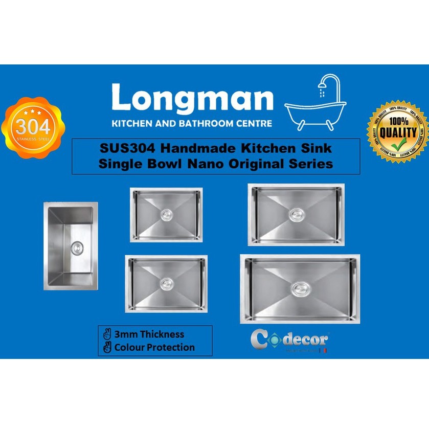 LONGMAN CODECOR SUS304 Stainless Steel Handmade Kitchen Sink Nano ...