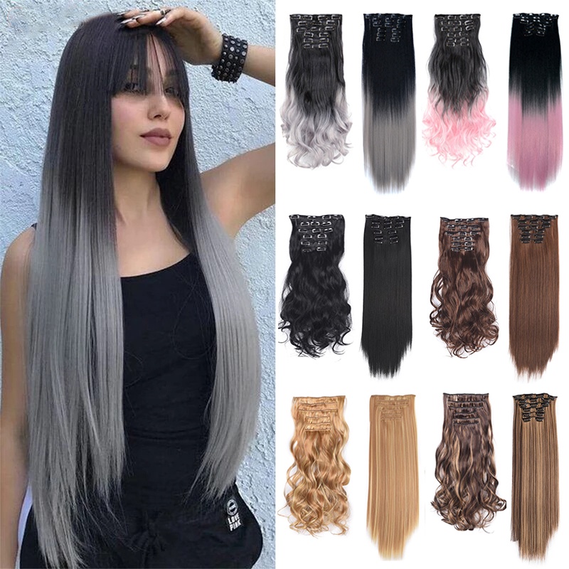 16 Clip Wig Pieces Long Straight/Curly Hair Extensions Gradient Brown ...