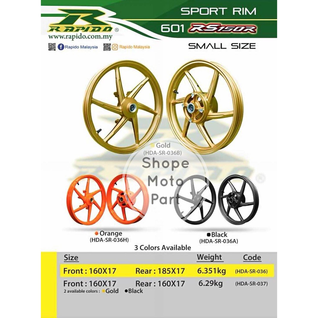 RAPIDO SPORT RIM SPORTRIM 501 HONDA RS150R RS150 RS 150 1.60 / 1.85 ...