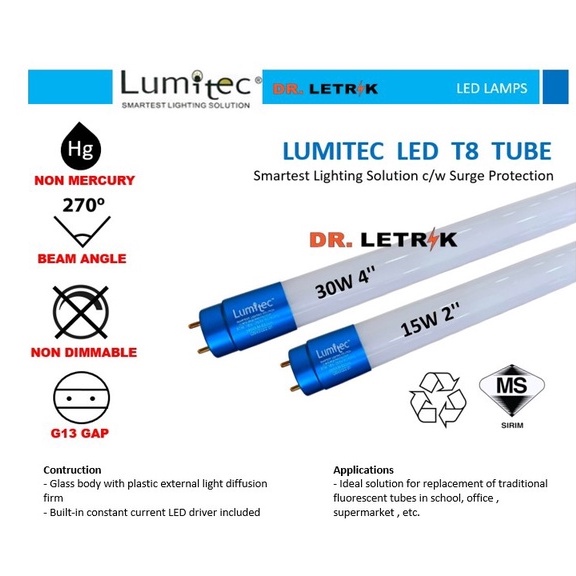 LUMITEC 32W 1Box T8 4 Feet LED Tube Light with SIRIM Lampu Panjang Kalimantang Tambah Terang ...
