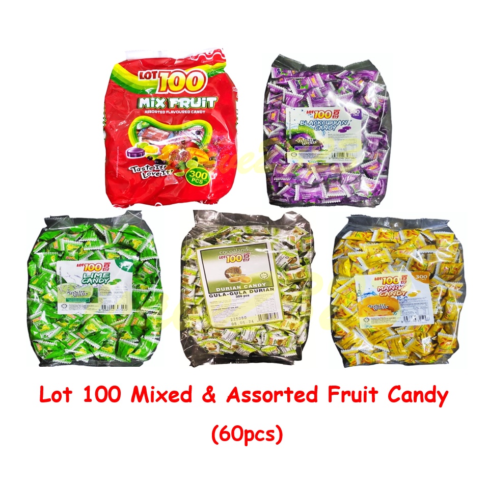 [HALAL] Lot100 Mixed & Assorted Fruit Candy (60pcs) - Blackcurrant / Mix Fruit / Durian / Mango ...