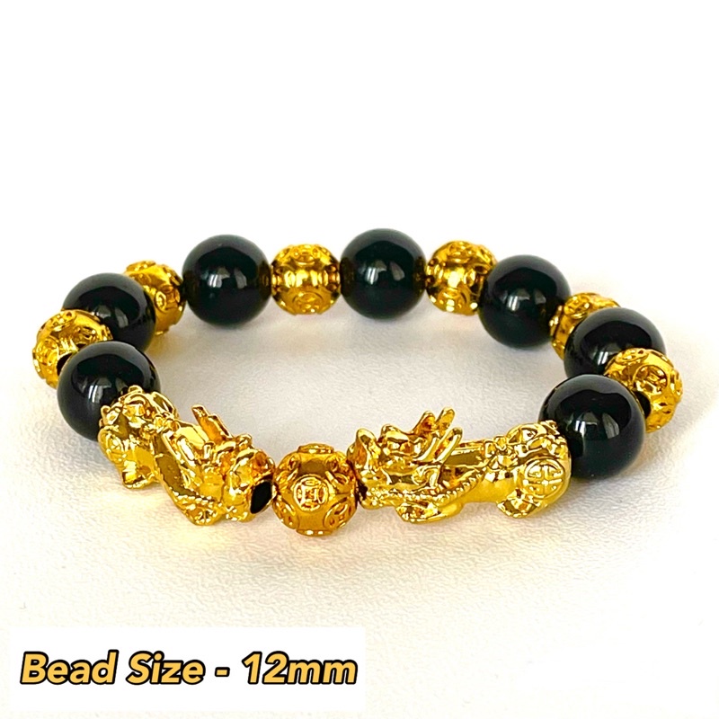 Pixiu Agate Gold Plated Dragon Head Glossy Beads Bracelet- Gelang Naga ...