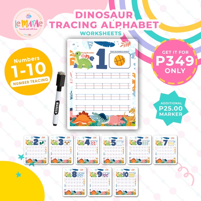 TRACING NUMBERS ALPHABETS DINOSAUR THEME - Laminated Tracing Worksheets ...