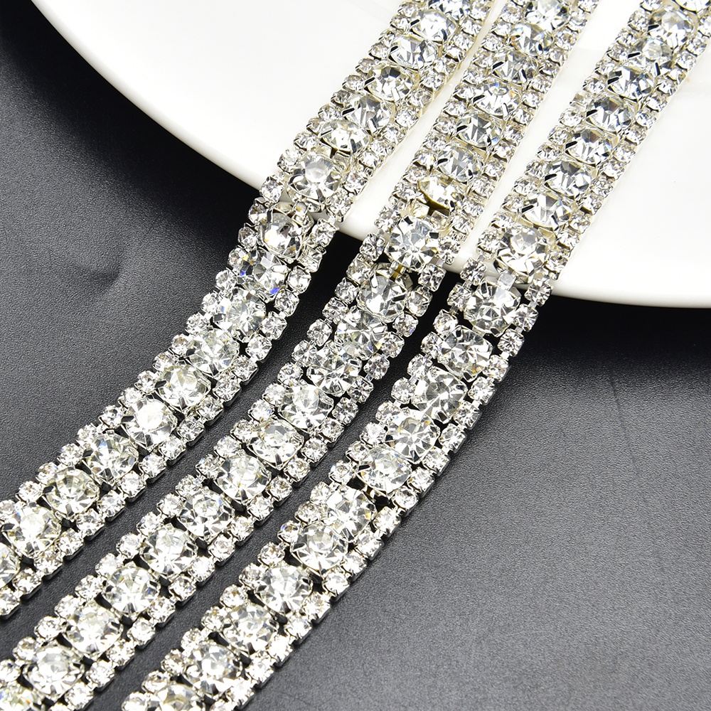 3 Rows Silver Base Clear Rhinestone Trim Sew On Crystal Cup Chain Glass ...