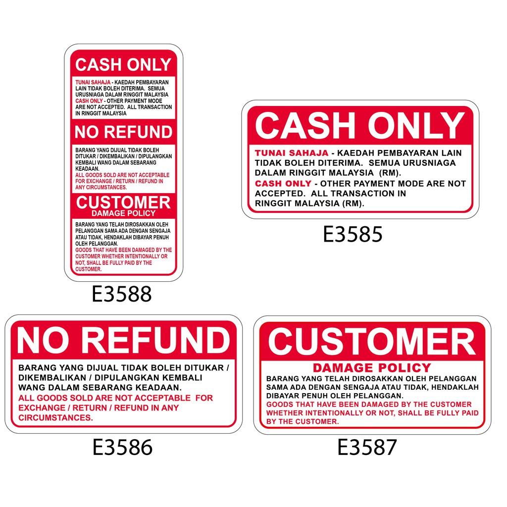 CASH ONLY, NO REFUND, CUSTOMER PVC SIGN STICKER 105MM X210MM (WE ACCEPT ...