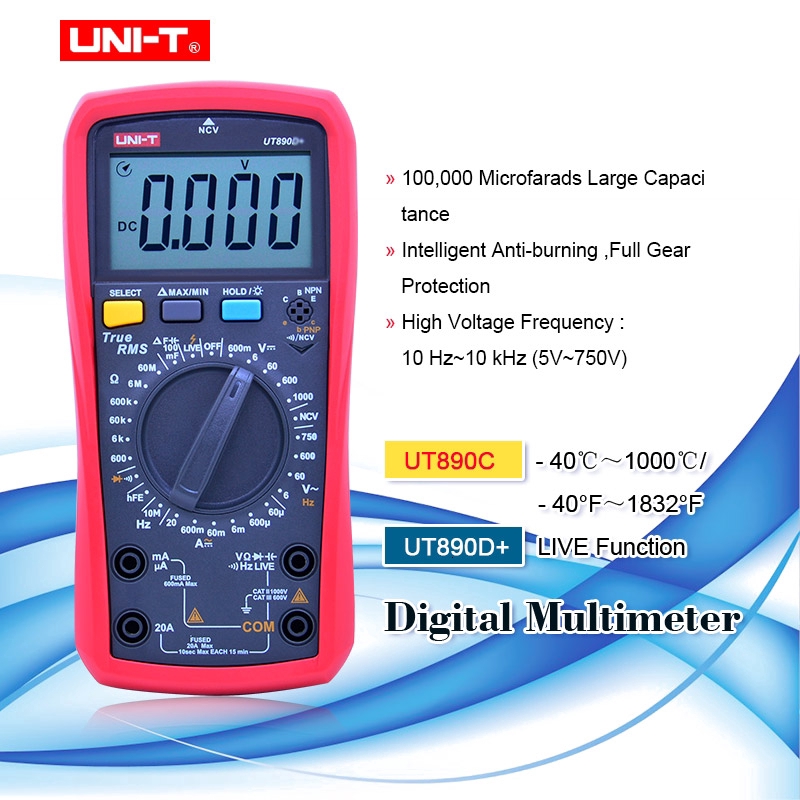 Digital Multimeter RMS Manual Range UT890C UT890D+ AC DC Frequency Capacitance Temperature ...