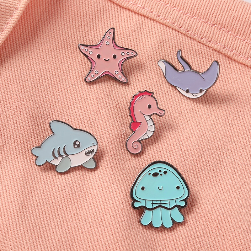 Cute Sea Animal Lapel Pins Hippocampinae Starfish Squid Brooches Collar ...