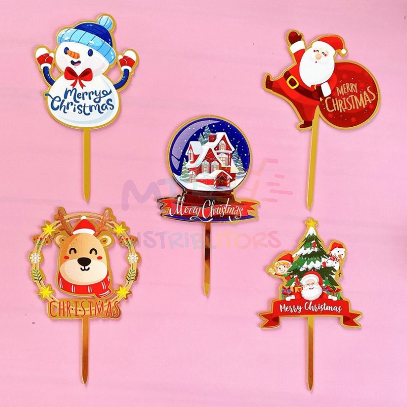 Merry Christmas Acrylic Topper Cake Gillter Xmas Cake Decoration Flag
