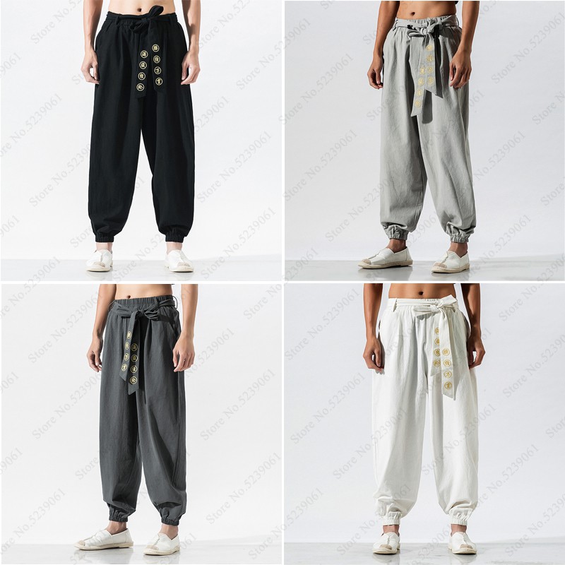 Harajuku Kimono Japanese Costume for Man Wide Leg Pants Casual Bandage Embroidery Loose Linen ...