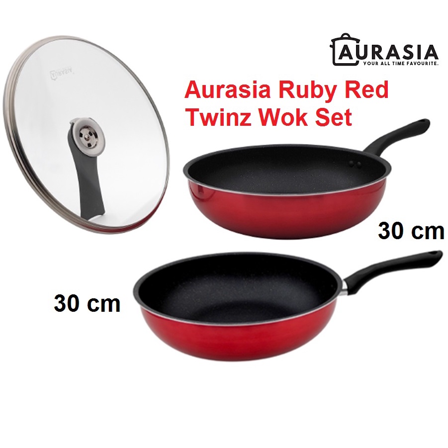 Aurasia Ruby Red Twinz Non=stick Wok Set/Aurasia Wok 36cm Casserole ...