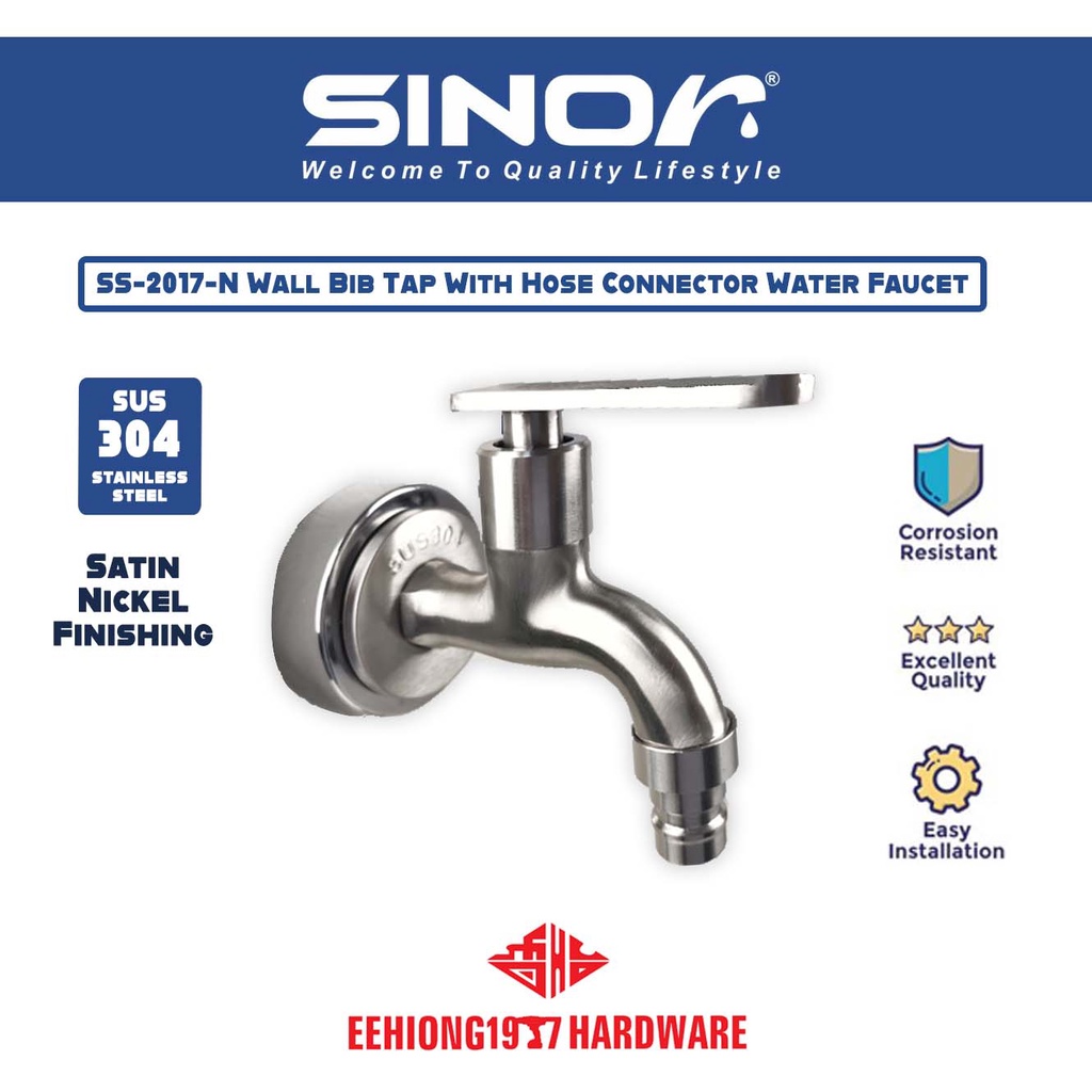 SINOR SS-2017-N SUS304 Stainless Steel Wall Bib Tap + Hose Connector ...