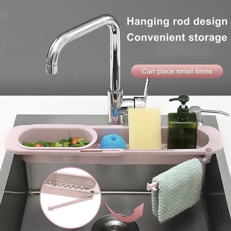 Telescopic Kitchen Sink Organizer Adjustable Length Sponge Holder Towel ...