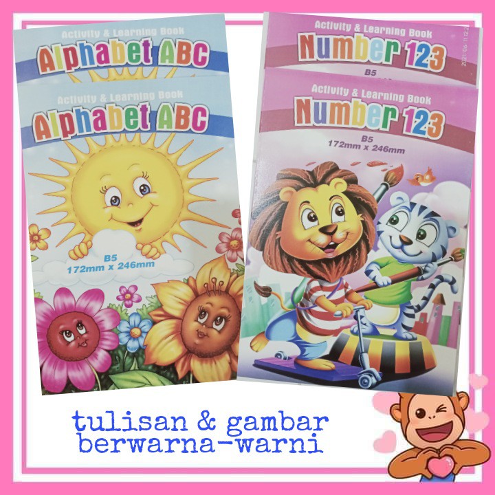 Buku aktiviti menulis ABC & 123 dengan gambar yang berwarna dan terang ...