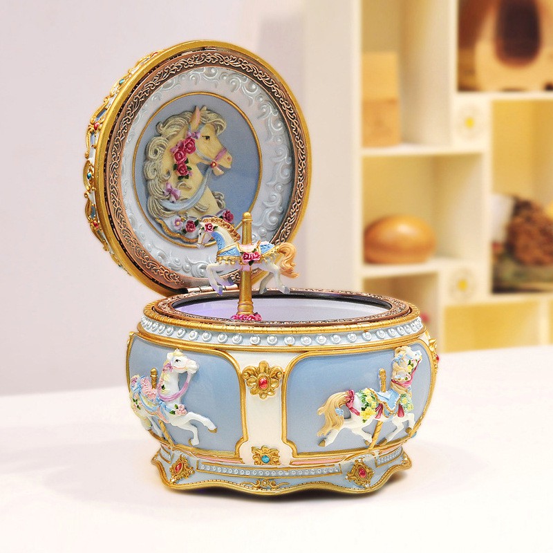 Classical Carousel Horse Music Box LED Lights Twinkling Resin Carved ...