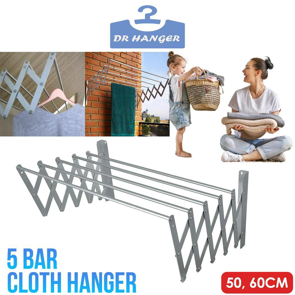 50 / 60CM X 5 Bar Extendable Clothes Hanger Wall Assembly Wall Mounted ...