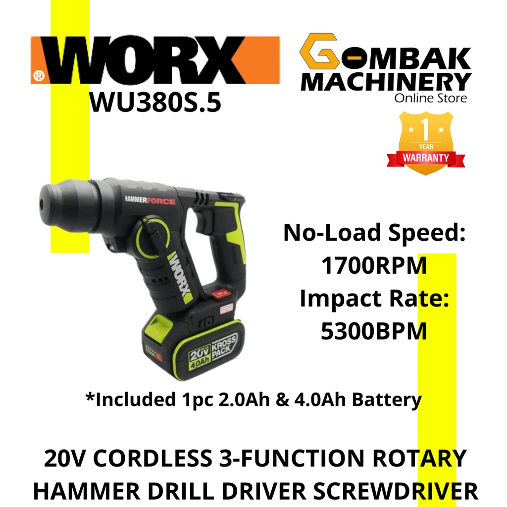 WORX WU380S.5 20V Cordless 3-FUNCTION Rotary Hammer Drill Driver ...