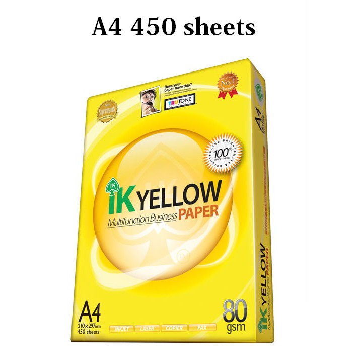 IK YELLOW Paper A4 - 80GSM 450 sheets or 150 sheets Printing, copy ...