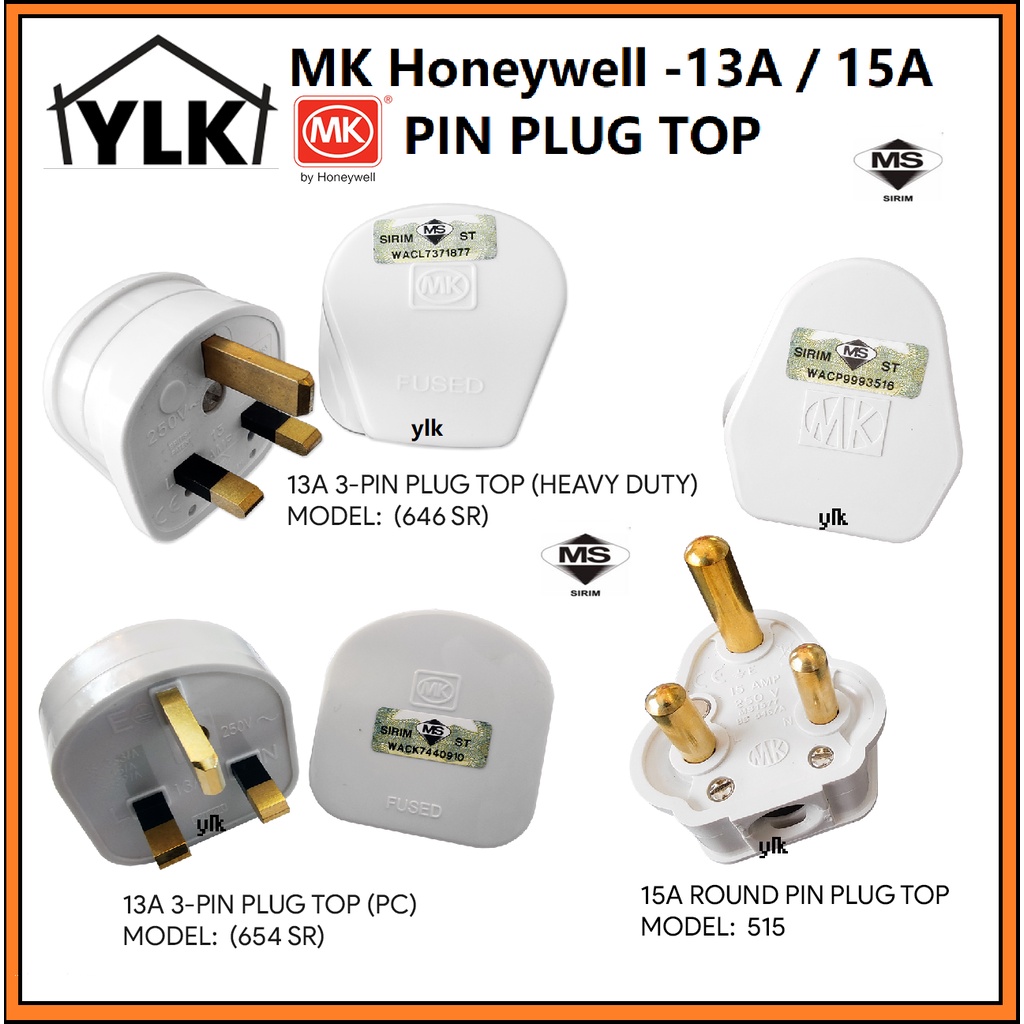 YLK【SIRIM APPROVED】MK 654AWHI , 646WHI HEAVY DUTY 13A PIN PLUG TOP , 515 15A ROUND PIN PLUG TOP ...