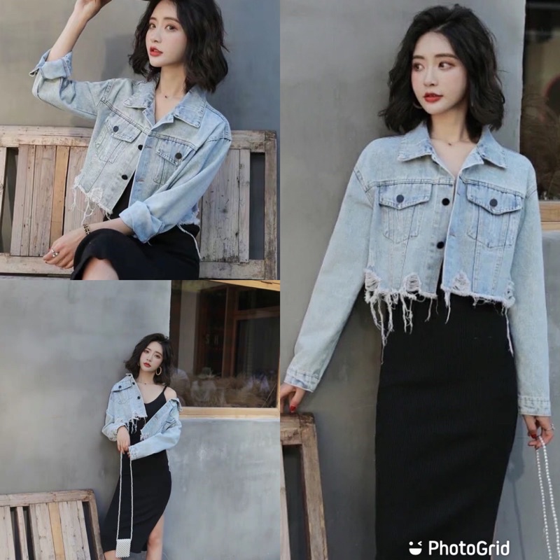 Women denim jacket ripped Jean Crop | Shopee Malaysia