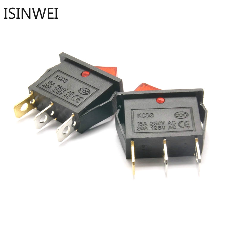 10pcs Red Rocker Switch KCD3-101N KCD2 3PIN with Light 15A/250V ...