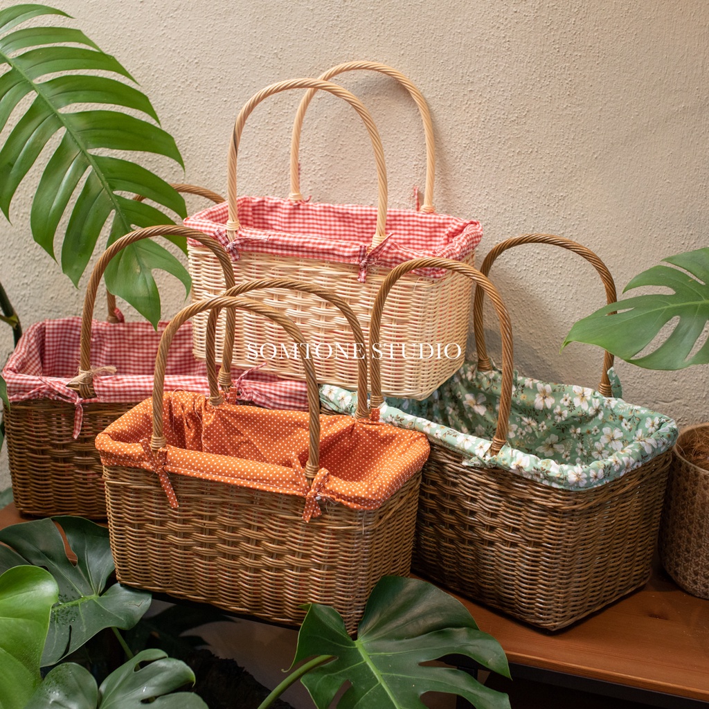 Rattan Picnic Basket Bag Rectangle with Removable Lining / Bakul Rotan ...