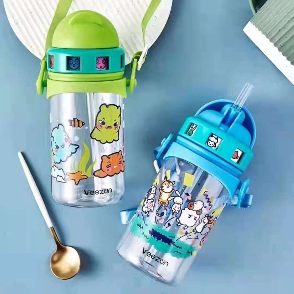 Children's water bottle cartoon straw cup adjustable strap 350ml | Shopee Malaysia
