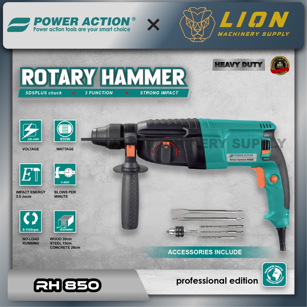 POWER ACTION 26mm 850Watt 3in1 Heavy Duty Rotary Hammer RH850 - Free ...