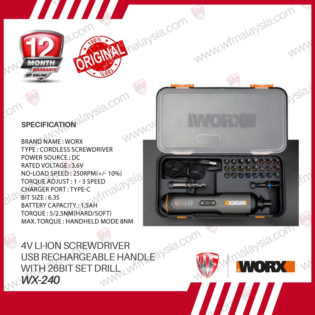 WORX WX-240 4V Li-Ion Screwdriver USB Rechargeable Handle With 26 Bit Set Drill (12 Months ...