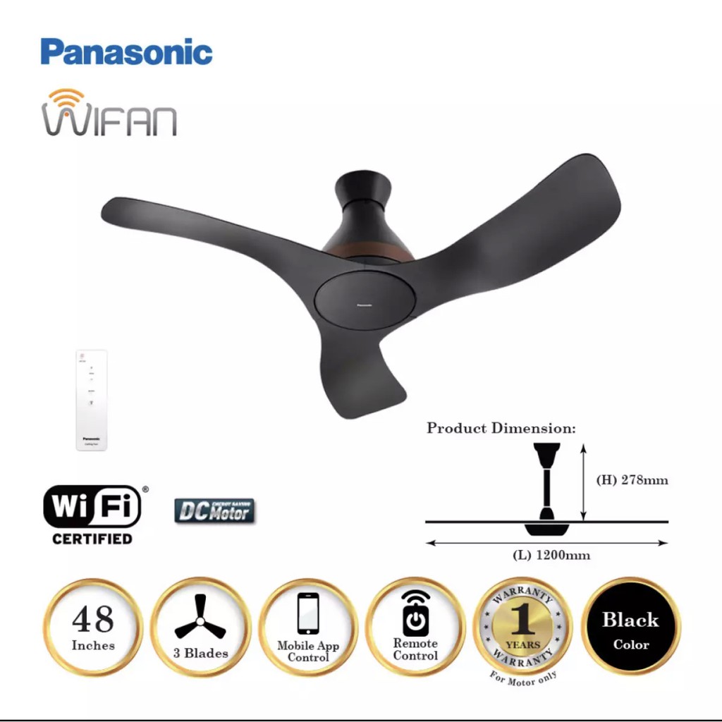 Panasonic F-M12EC Ceiling Fan Wifi / Wifan 3 Blade (48") F-M12ECVBKH ...