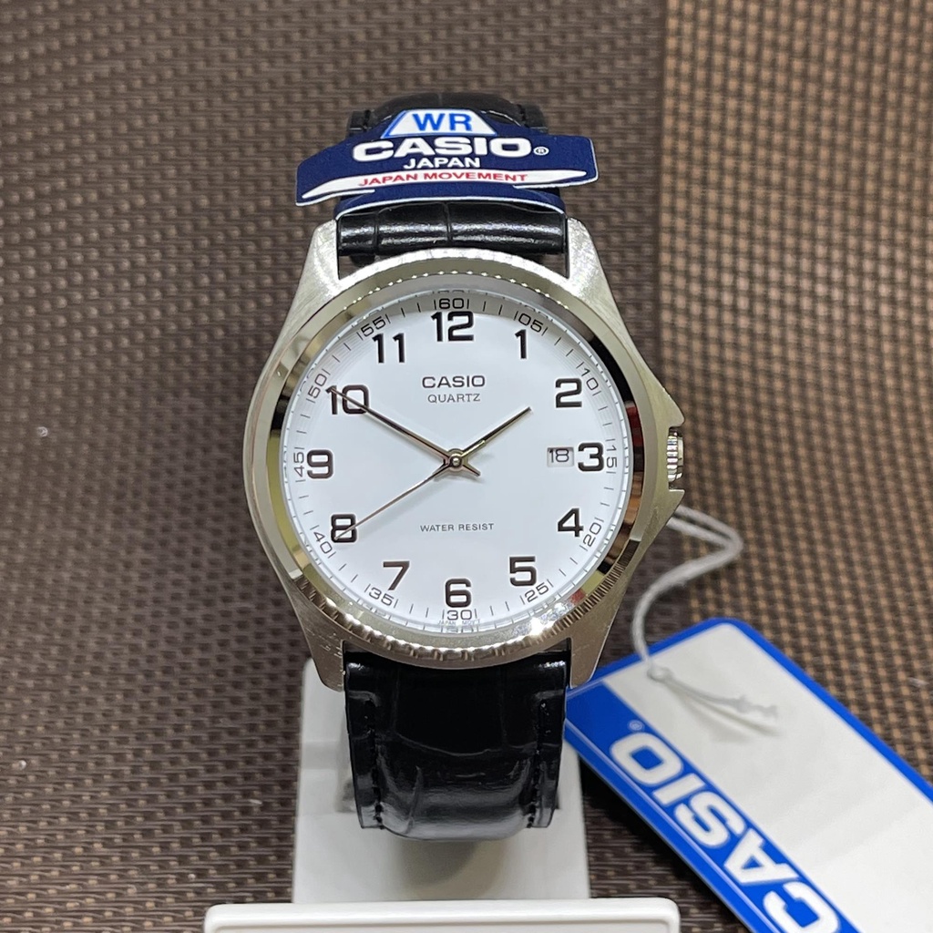 Casio MTP-1183E-7B Black Leather White Dial Analog Date Men Watch ...