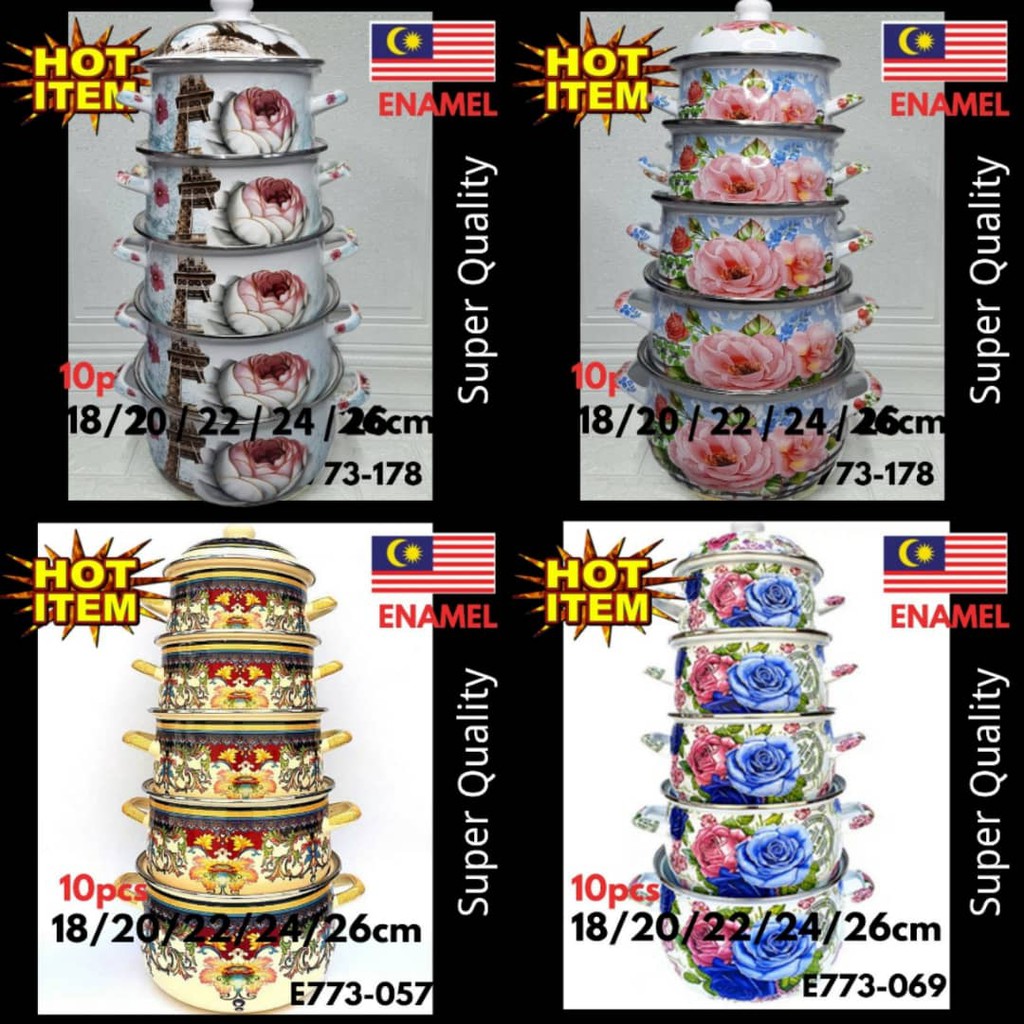 🔥🔥🔥PERIUK ENAMEL 5 IN 1🔥COOKWARE SET🔥NON-STICK TUDUNG KACA PERIUK 5 SET ...