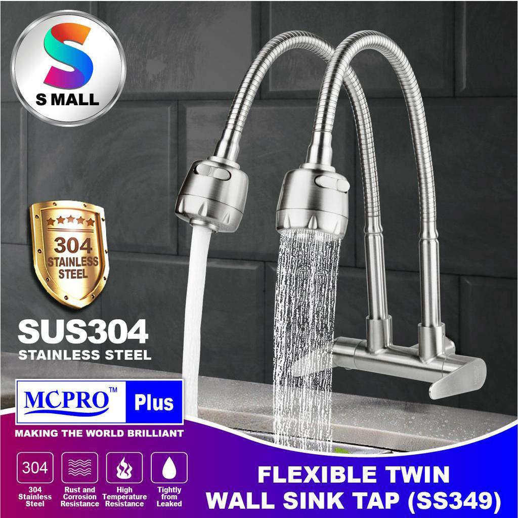 MCPRO STAINLESS STEEL SUS304 KITCHEN FAUCET Flexible Twin Wall Sink Tap ...