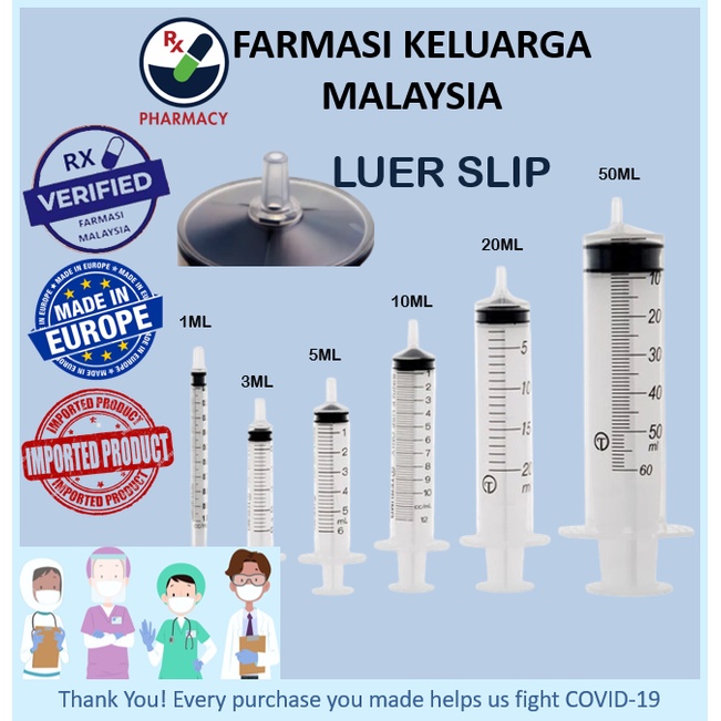 Disposable Syringe Luer Slip Sterile Sterilized Sterile PICAGARI (1's) (3mL/5mL/10mL/20mL/50mL ...