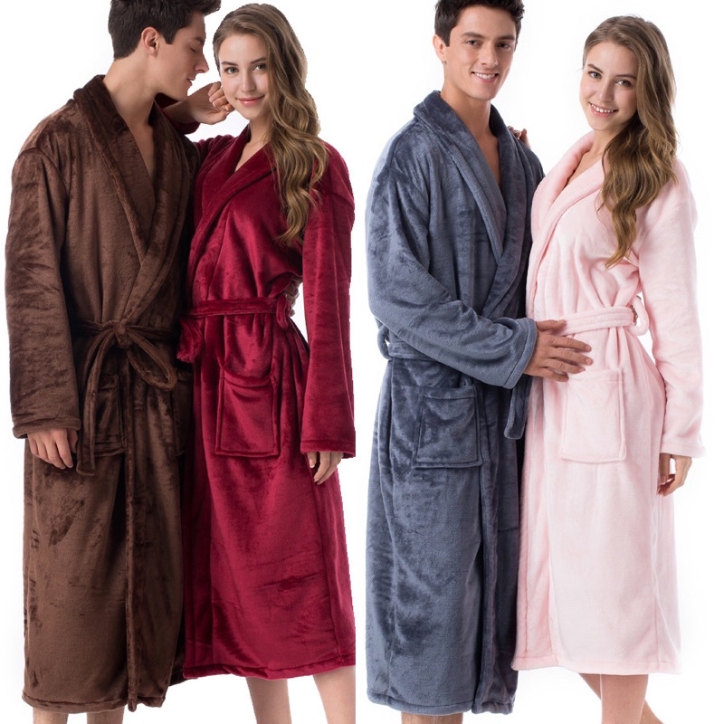 bathrobes women men couple long-sleeved thick coral fleece flannel nightgown soft & absorb water ...