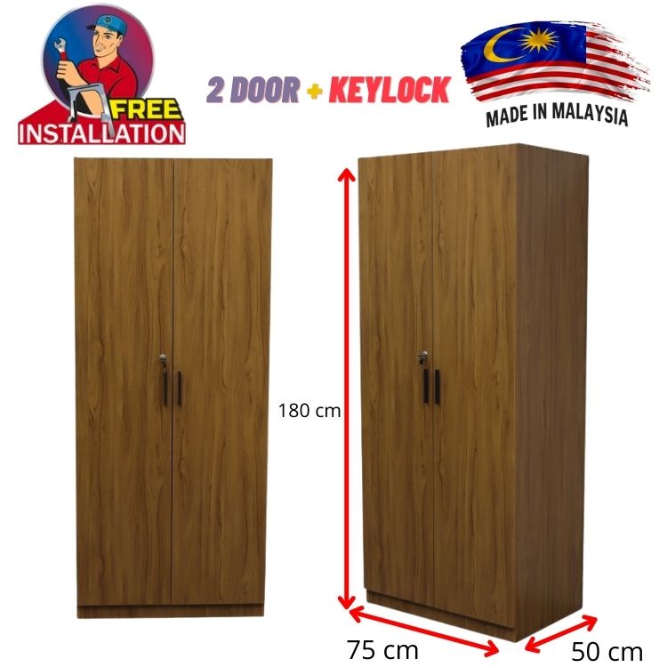 2 Door Wardrobe with Locker Almari Baju 2 Pintu Rak Baju Cupboard Kunci ...