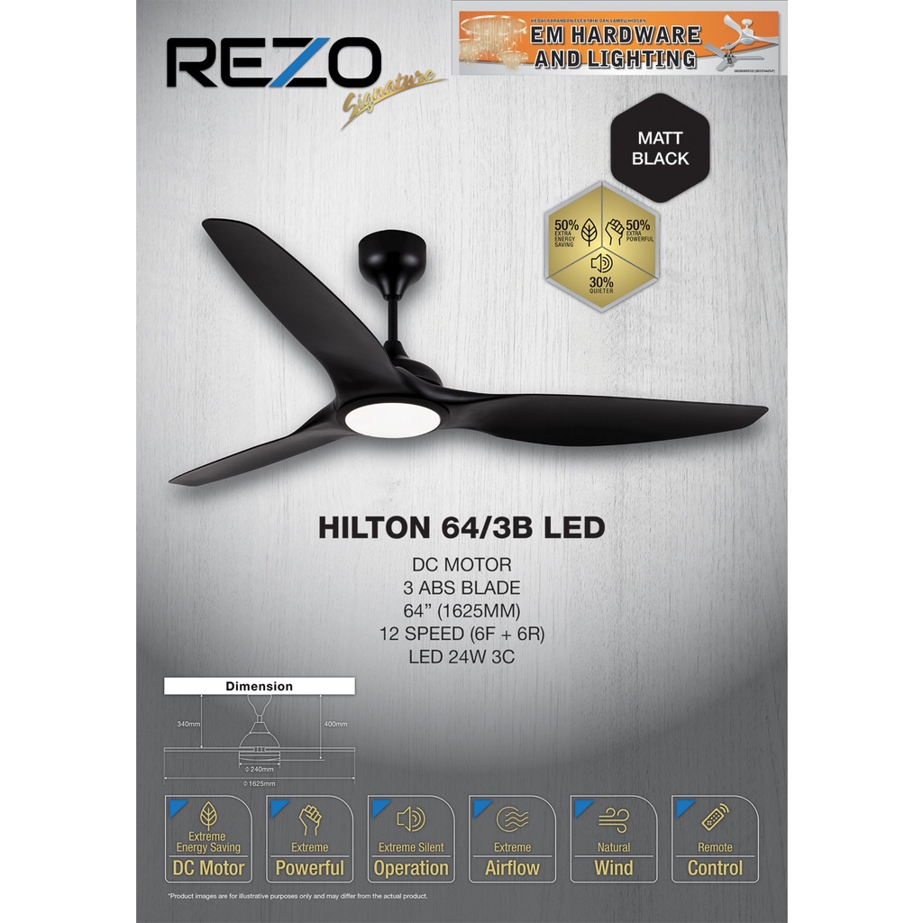 REZO HILTON 64" 3 Blade 12 Speed 3 Color LED REMOTE CONTROL DC MOTOR ...