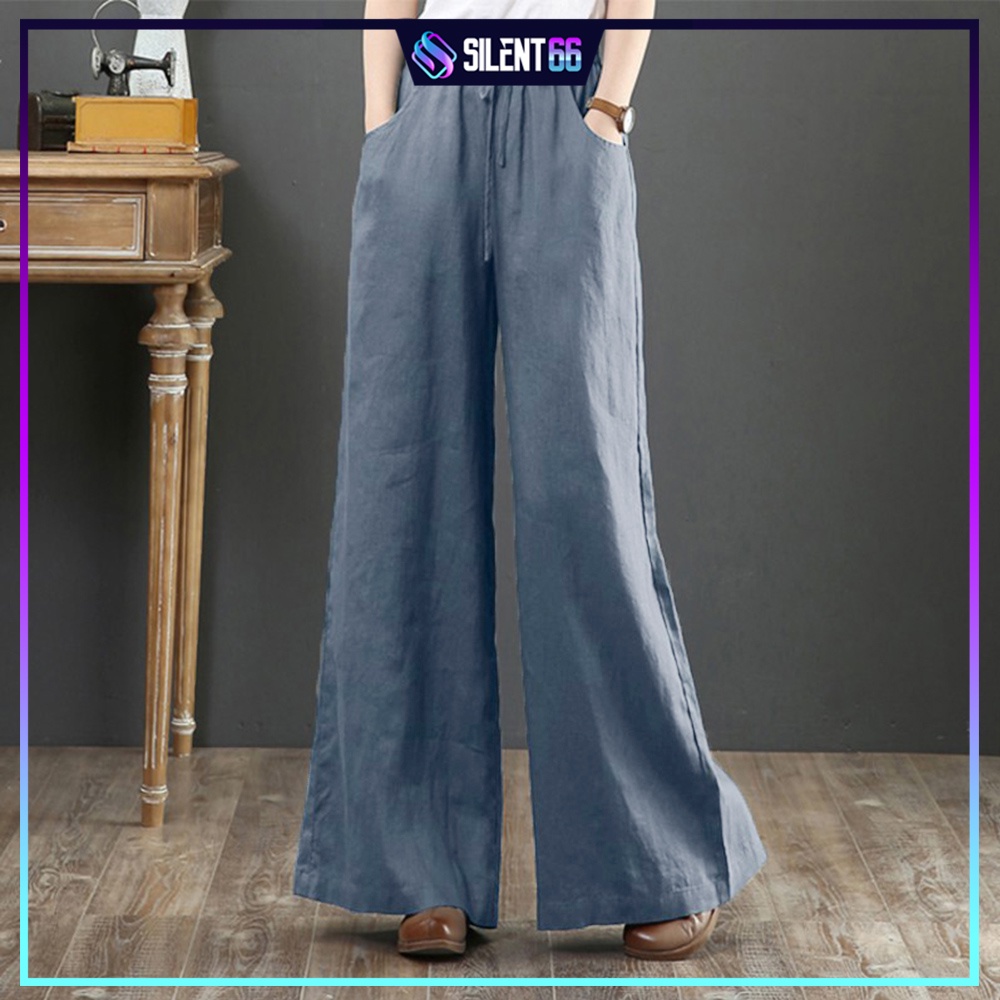 READY STOCK Women Casual Wide Legs Elastic Belted Solid Color Long ...