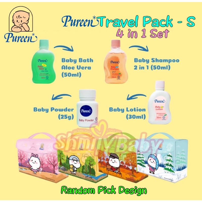 PUREEN TRAVEL PACK 4 in 1 SET SHAMPOO BATH LOTION BABY POWDER Head to ...