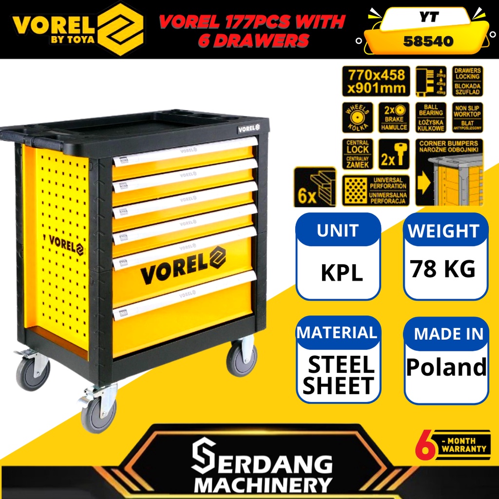Vorel YT-58540 6 Drawer Tool Cart With Tools 177pc - Brand From POLAND ...