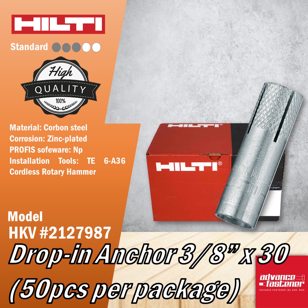 HILTI HKV #2127987 Drop-in Anchor 3/8" x 30 (50pcs per package) 【carbon ...