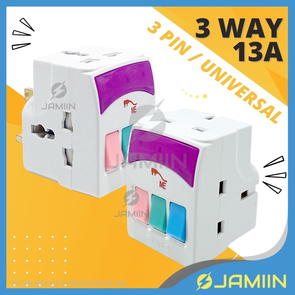 ME 13 Amp 3 Way Switch Adaptor 3 Pin / Universal Socket With Neon ...